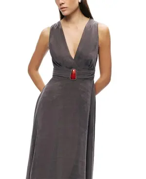 NOCTURNE V-neck Sleeveless Midi Dress - Anthracite