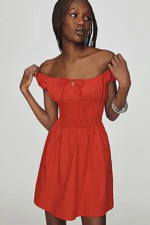 Anthropologie Cotton Smocked Mini Dress - Red