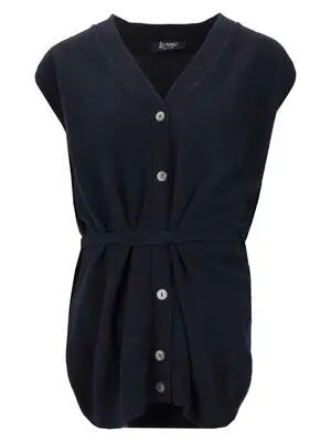 LA ROSE V-neck Cashmere Cardigan With Belt - Blue Navy