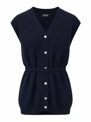 LA ROSE V-neck Cashmere Cardigan With Belt - Blue Navy