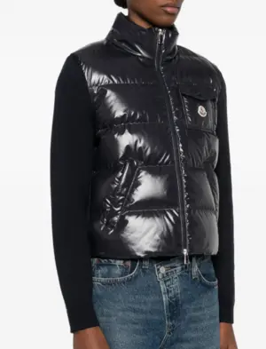 Moncler Quilted Down Vest With Contrast Knit Sleeves - Navy