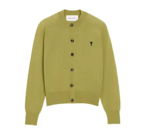 Ami Round Neck Cardigan With Contrasting Heart Applique - Matcha/noir