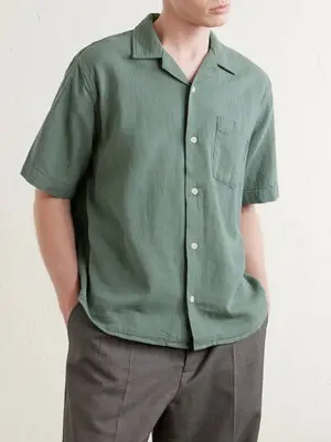 CORRIDOR Convertible-collar Cotton-hopsack Shirt - Green