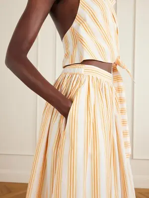 Rosie Assoulin Pleated Striped Cotton Midi Skirt