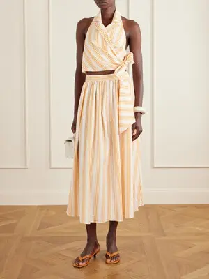 Rosie Assoulin Pleated Striped Cotton Midi Skirt