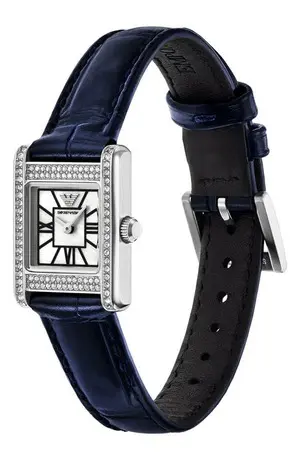 Emporio Armani Crystal Bezel Leather Strap Watch