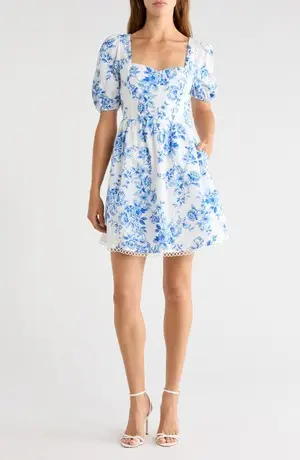 SUGARLIPS Floral Print Puff Sleeve Dress - White-blues