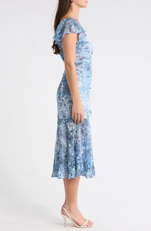 SUGARLIPS Floral Ruched Midi Dress With Sweetheart Neckline And Flutter Sleeves