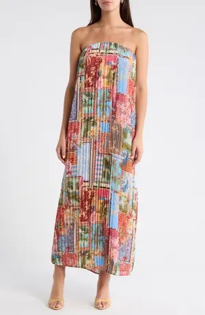 SUGARLIPS Melani Isabela Tropical Patchwork Pleated Maxi Dress - Blue Multi