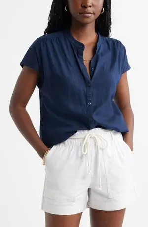 Caslon Linen Blend Cap Sleeve Shirt - Navy Still
