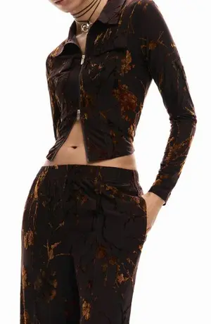 Desigual Textured Floral Zip Front Long Sleeve Shirt