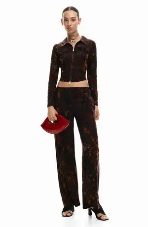 Desigual Textured Floral Zip Front Long Sleeve Shirt