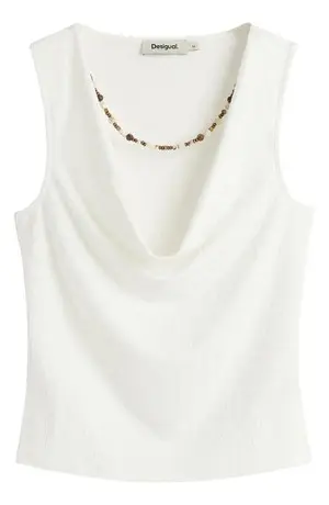 Desigual Sleeveless Cowl Neck Top With Beaded Embellishment - White