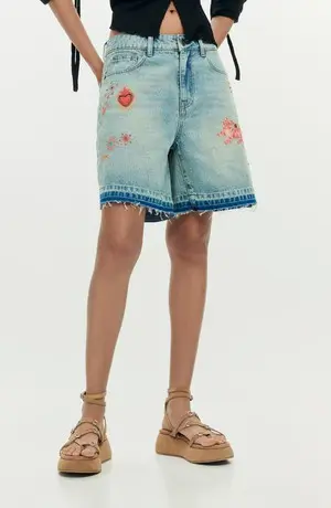 Desigual Embellished Faded Denim Shorts