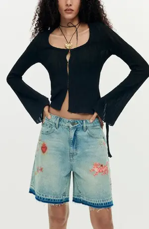 Desigual Embellished Faded Denim Shorts