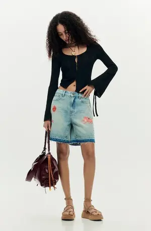 Desigual Embellished Faded Denim Shorts
