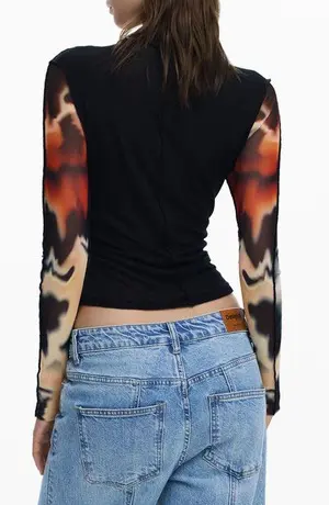 Desigual Long Sleeve Crop Top With Sheer Print Sleeves