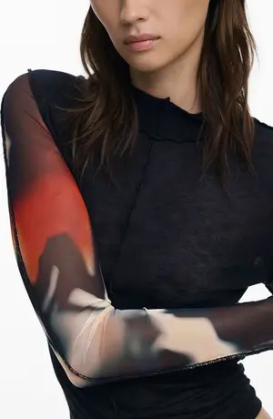 Desigual Long Sleeve Crop Top With Sheer Print Sleeves