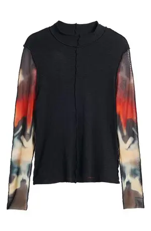 Desigual Long Sleeve Crop Top With Sheer Print Sleeves