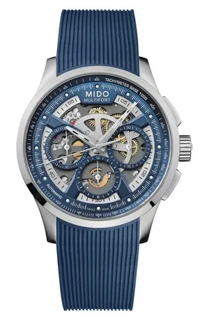 MIDO Multifort Skeleton Chronograph Automatic Stainless Steel And Rubber Strap Watch - Blue