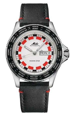 MIDO Ocean Star Worldtimer Automatic Leather Strap Watch