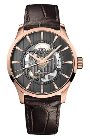 MIDO Multifort Skeleton Vertigo Rose Gold Tone Automatic Leather Strap Watch - Black