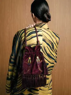 PAULA Embroidered Velvet Bag With Tassel - Purple
