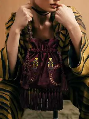 PAULA Embroidered Velvet Bag With Tassel