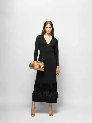 PAULA S Sakura Maxi Dress With Feather Trim - Black