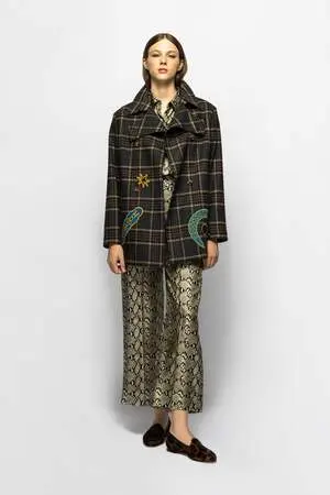 PAULA Hazel Check Houndstooth Embroidered Double-breasted Coat