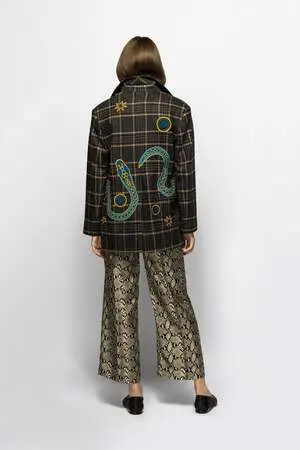 PAULA Hazel Check Houndstooth Embroidered Double-breasted Coat