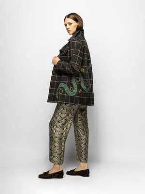 PAULA Hazel Check Houndstooth Embroidered Double-breasted Coat