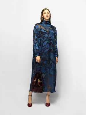 PAULA Ophelia Devoré Turtleneck Maxi Dress - Blue