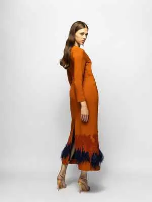 PAULA S Choice Sakura Cinnamon Stick Embroidered Long-sleeved Maxi Dress With Feathers