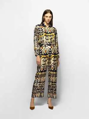 PAULA S Sonia Wonderland Printed Silk Twill Pants - Blue