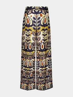 PAULA S Sonia Wonderland Printed Silk Twill Pants - Blue