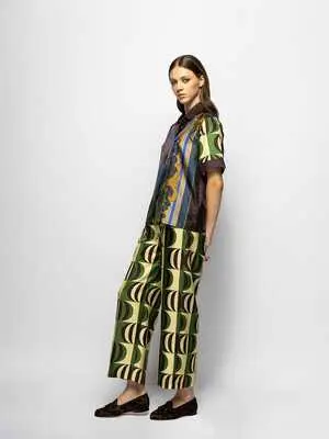 PAULA Sonia Modernchess Printed Silk Twill Wide Leg Pants
