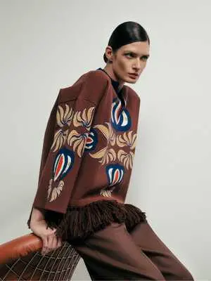 PAULA Jade Jacquard Sweater With Fringe - Brown