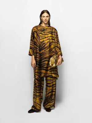 PAULA S Isla Tiger Stripe Printed Silk Twill Button-up Dress - Orange