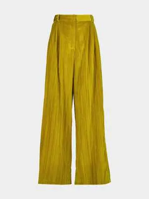 PAULA Francis Golden Palm Velvet Plissé Wide Leg Trousers - Yellow