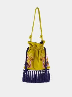 PAULA Embroidered Velvet Drawstring Bag With Tassels - Multicolour
