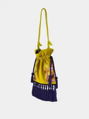 PAULA Embroidered Velvet Drawstring Bag With Tassels - Multicolour