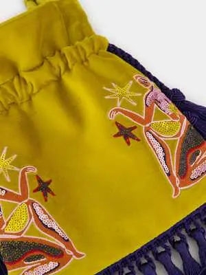 PAULA Embroidered Velvet Drawstring Bag With Tassels - Multicolour