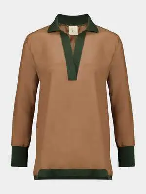 PAULA Diane Timberwolf Silk V-neck Long-sleeve Top - Brown