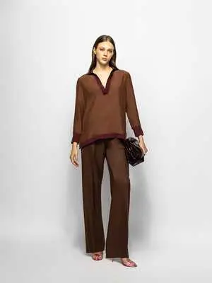PAULA Paula Diane Potting Soil Silk V-Neck Long-Sleeve Blouse Brown