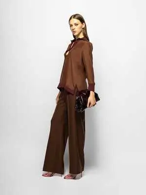 PAULA Diane Potting Soil Silk V-neck Long-sleeve Blouse - Brown