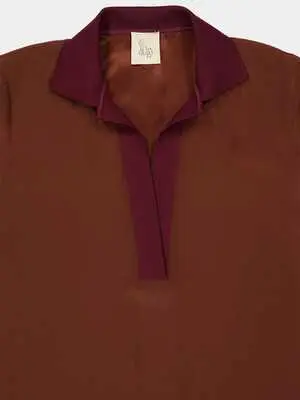 PAULA Diane Potting Soil Silk V-neck Long-sleeve Blouse - Brown