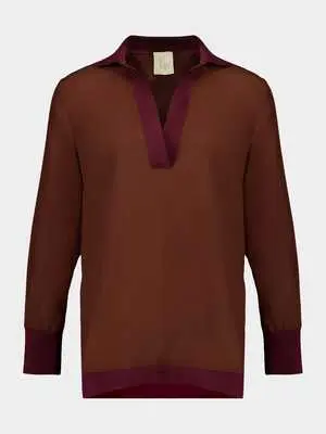 PAULA Diane Potting Soil Silk V-neck Long-sleeve Blouse - Brown