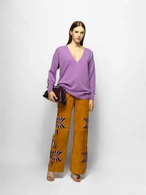 PAULA Alice Wide-leg Suede Pants With Floral Embroidery - Brown