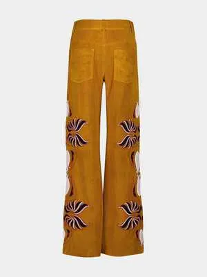 PAULA Alice Wide-leg Suede Pants With Floral Embroidery - Brown